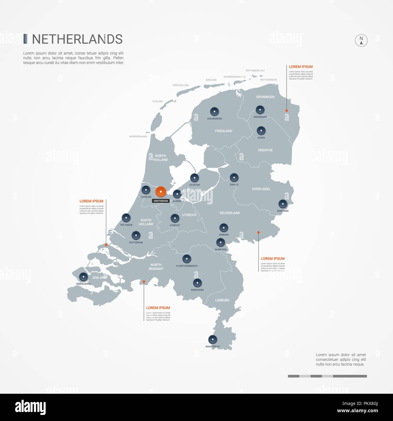 Pays-bas map avec des frontières, des villes, des capitaux et des ...