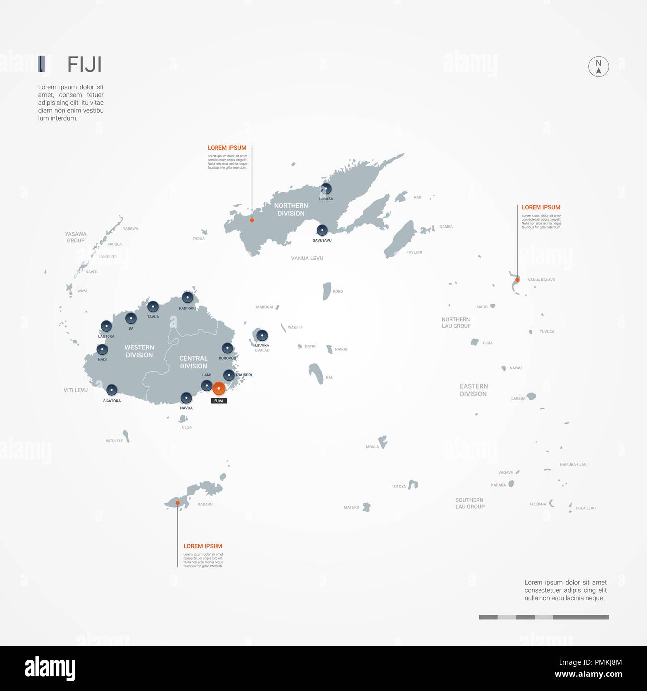 Carte Fidji avec des frontières, des villes, des capitaux et des ...