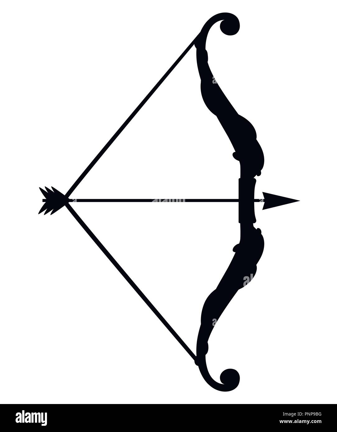 Silhouette noire. Arme arc avec des flèches. Arme médiévale et ...
