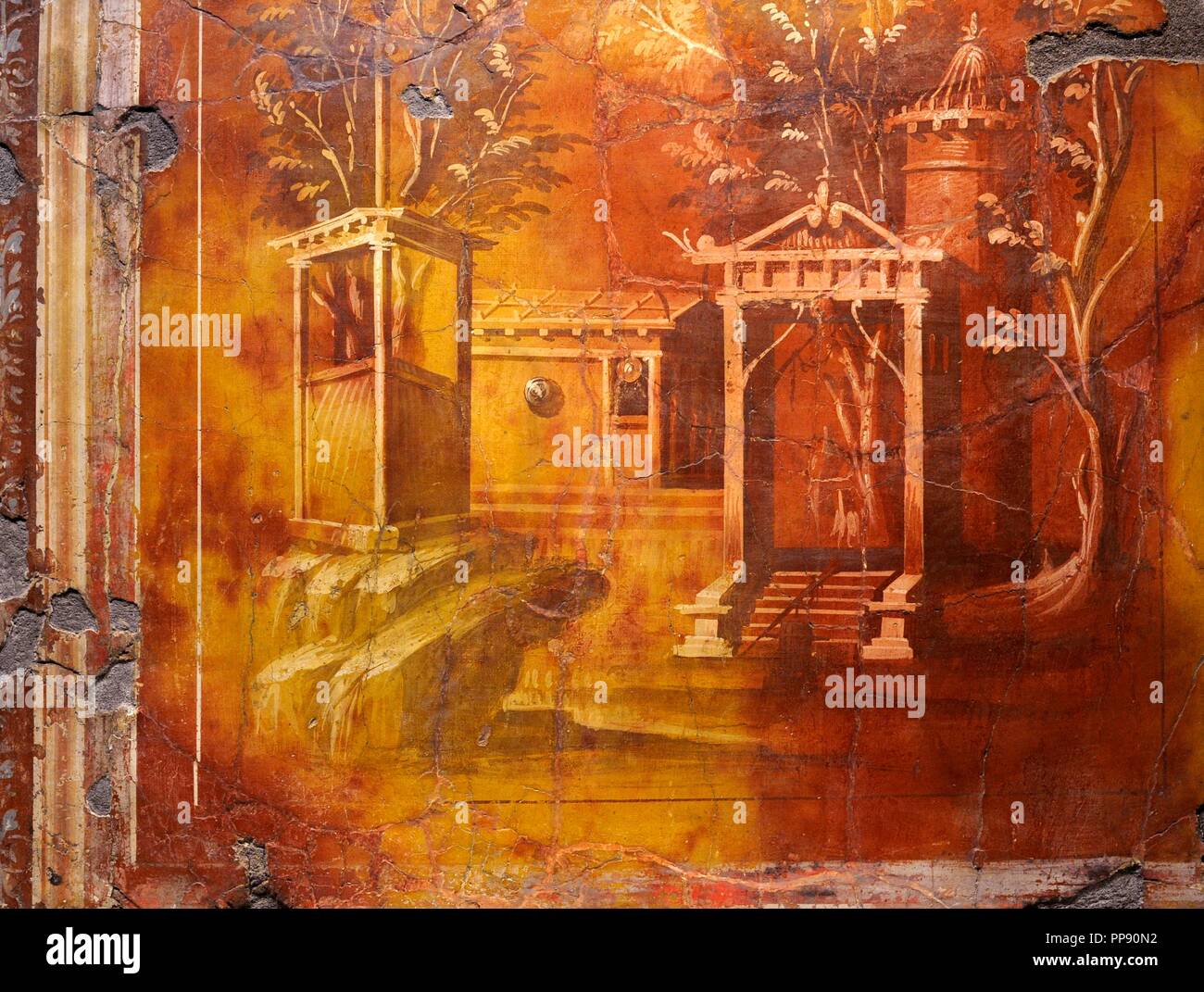 Roman fresque représentant un paysage avec temple et la porte sacrée ...