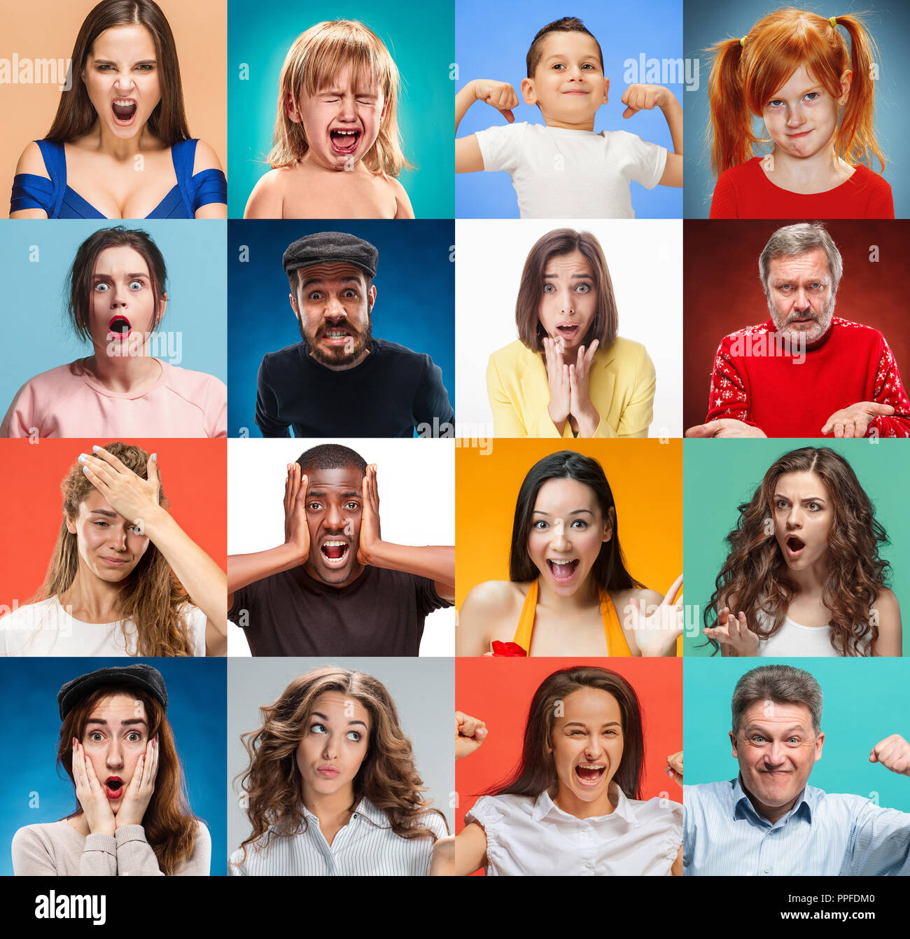 Le collage de visages de gens surpris sur le fond. Heureux les hommes ...