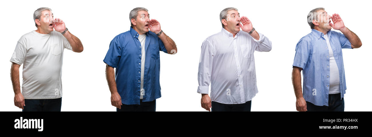 Collage de l'homme sur des hauts isolé blanc fond crier et crier fort à ...