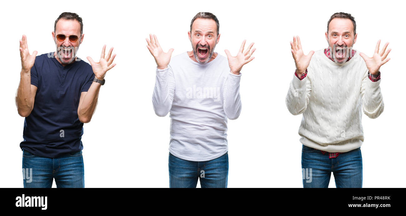 Collage de beaux hauts hoary homme debout sur fond isolé célébrant la ...