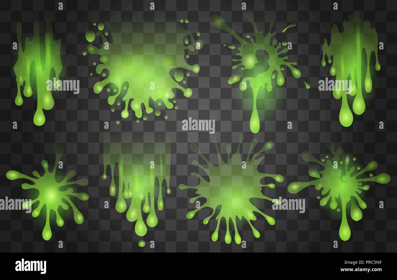 Slime vert. Mucus dégoulinant blobs isolé sur fond transparent, virus ...