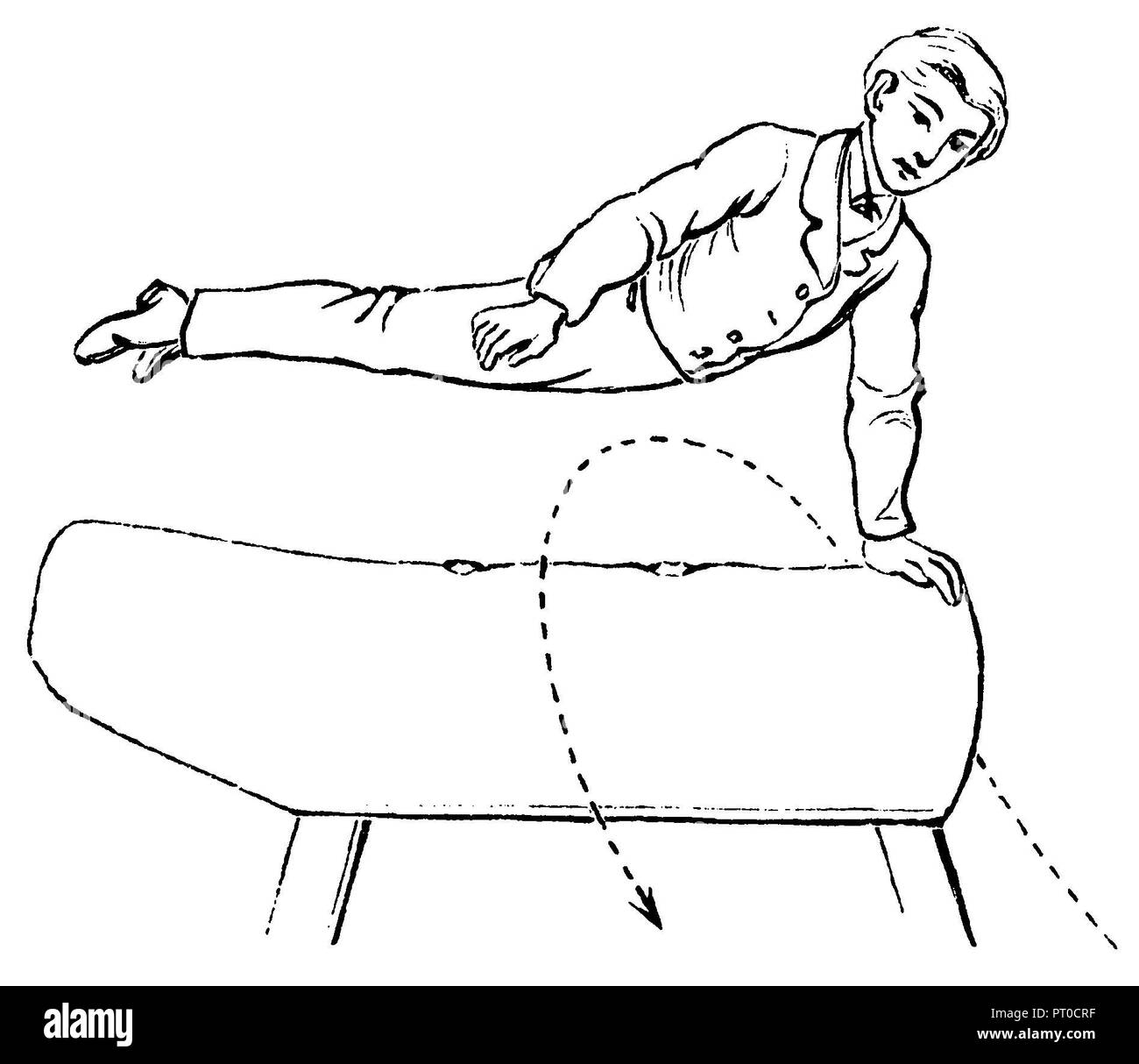 La gymnastique, exercices : saut à cheval. Derrière les sauts. Droit de ...