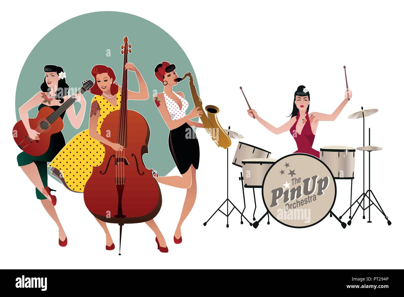 PinUp Girls Band. Quatre belles et tatoués pinup girls playing music ...