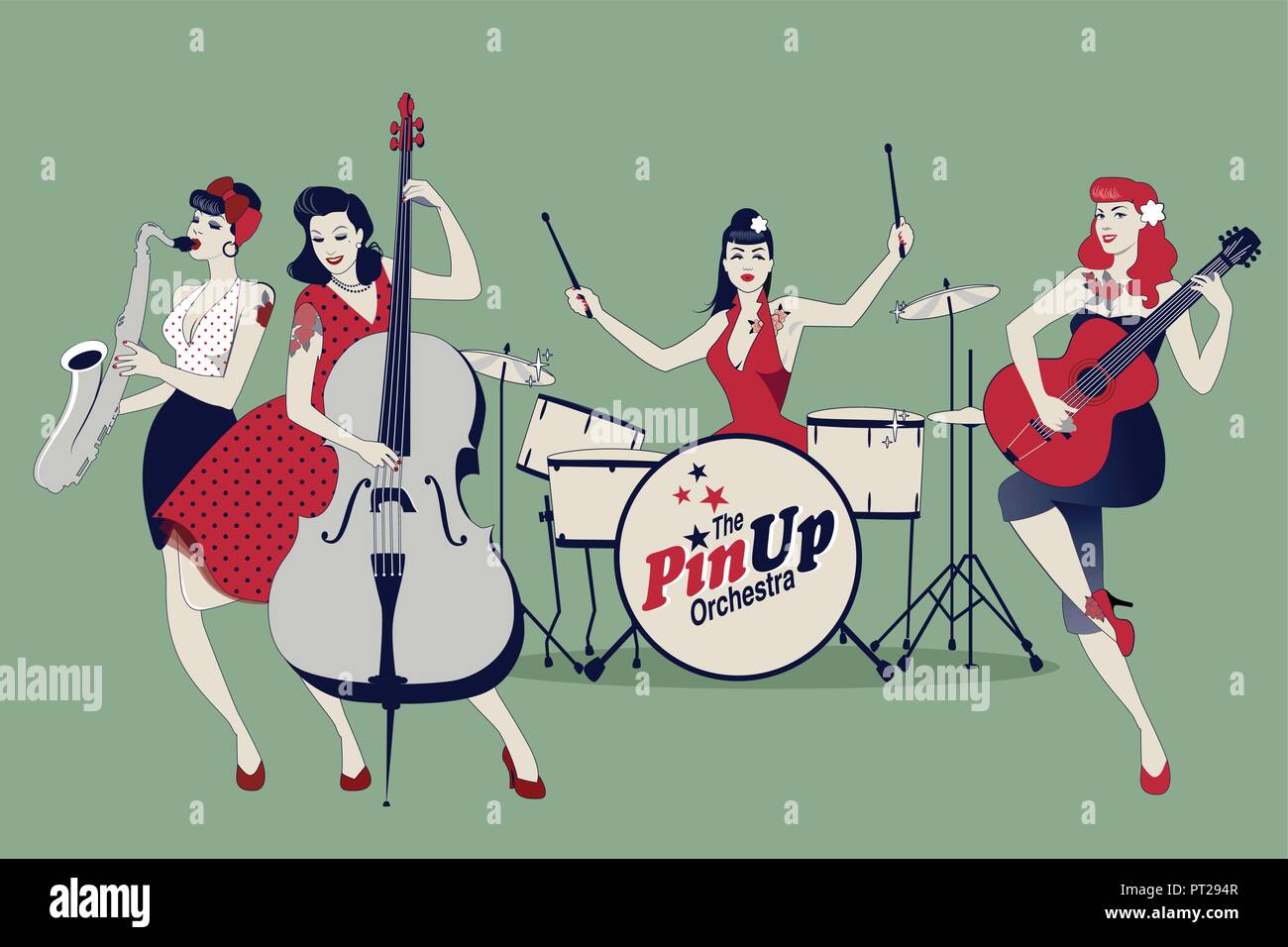 PinUp Girls Band. Quatre belles et tatoués pinup girls playing music ...