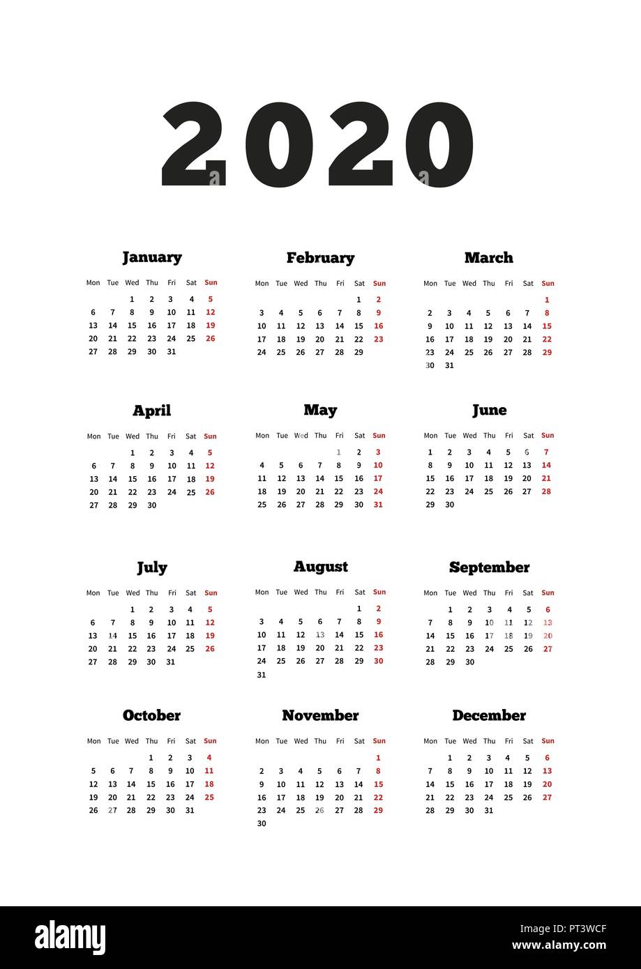 Calendrier sur l'année 2020 avec semaine à partir de lundi, format A4 ...