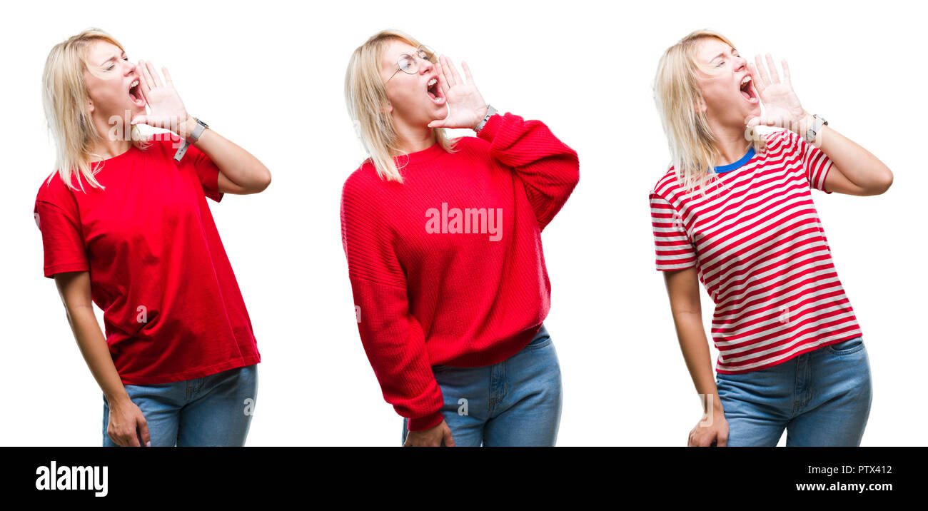 Collage de belle blonde woman wearing casual rouge sur fond isolé de ...
