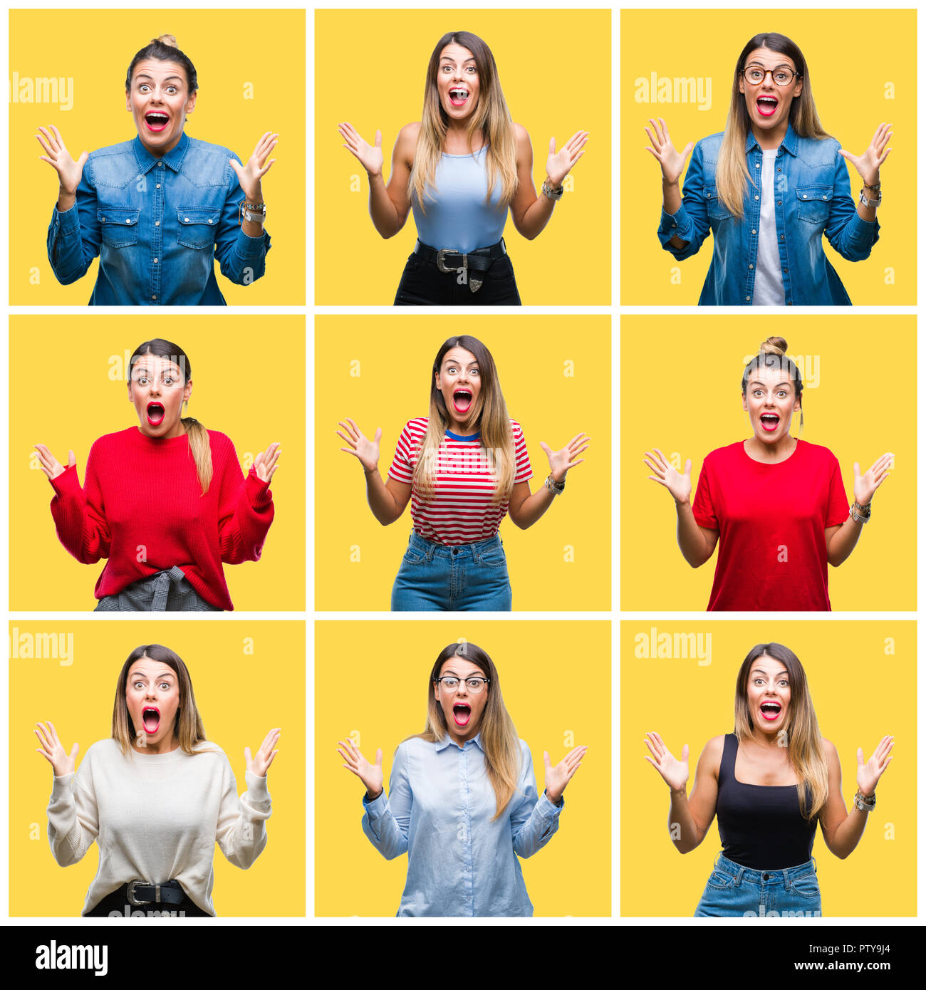 Collage de belle jeune femme sur fond isolé jaune célébrant la folie et ...