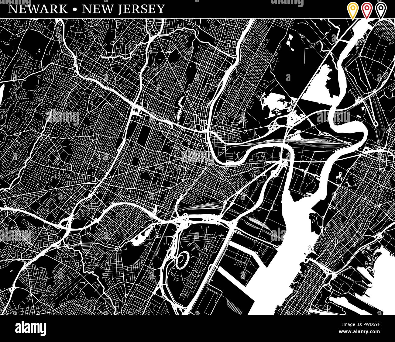 Carte simple de Newark, New Jersey, USA. Version noir et blanc pour l ...