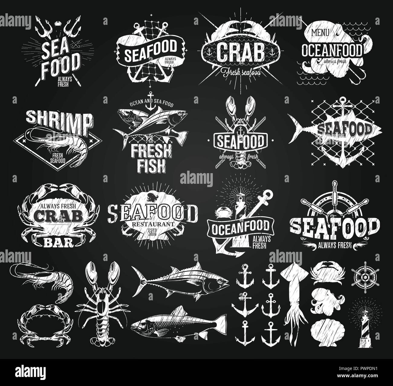 Les étiquettes de fruits de mer, le logo dessin à la craie modèle pour ...