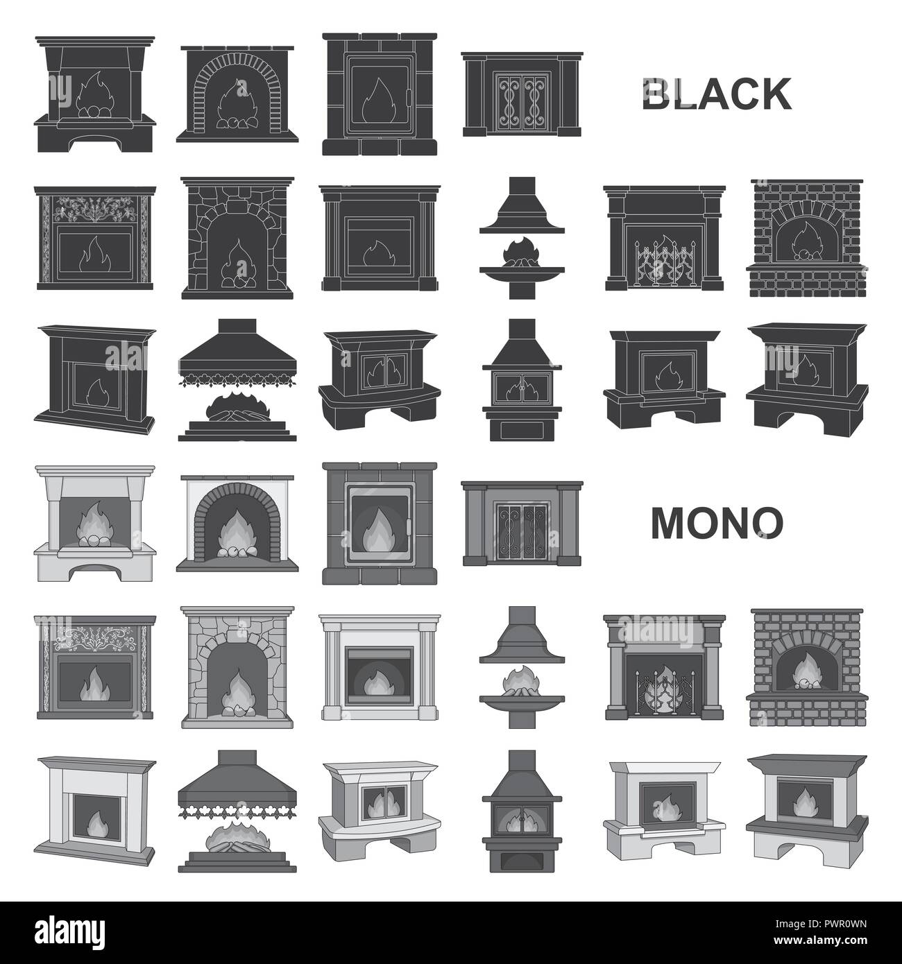 Différents types de cheminées icônes noires dans set collection pour la ...