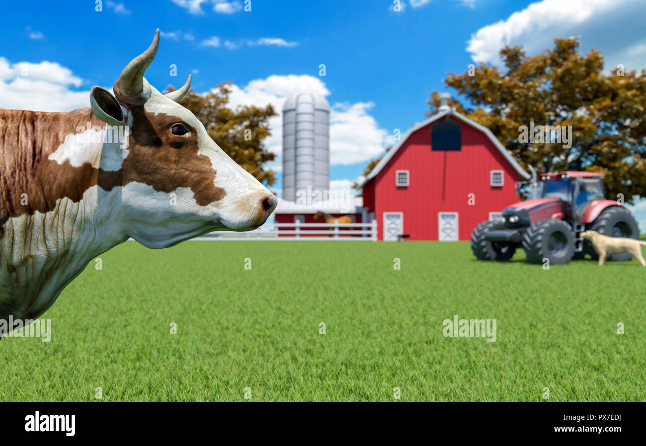 Scène de ferme avec grange rouge et les animaux de ferme, 3D Rendering ...