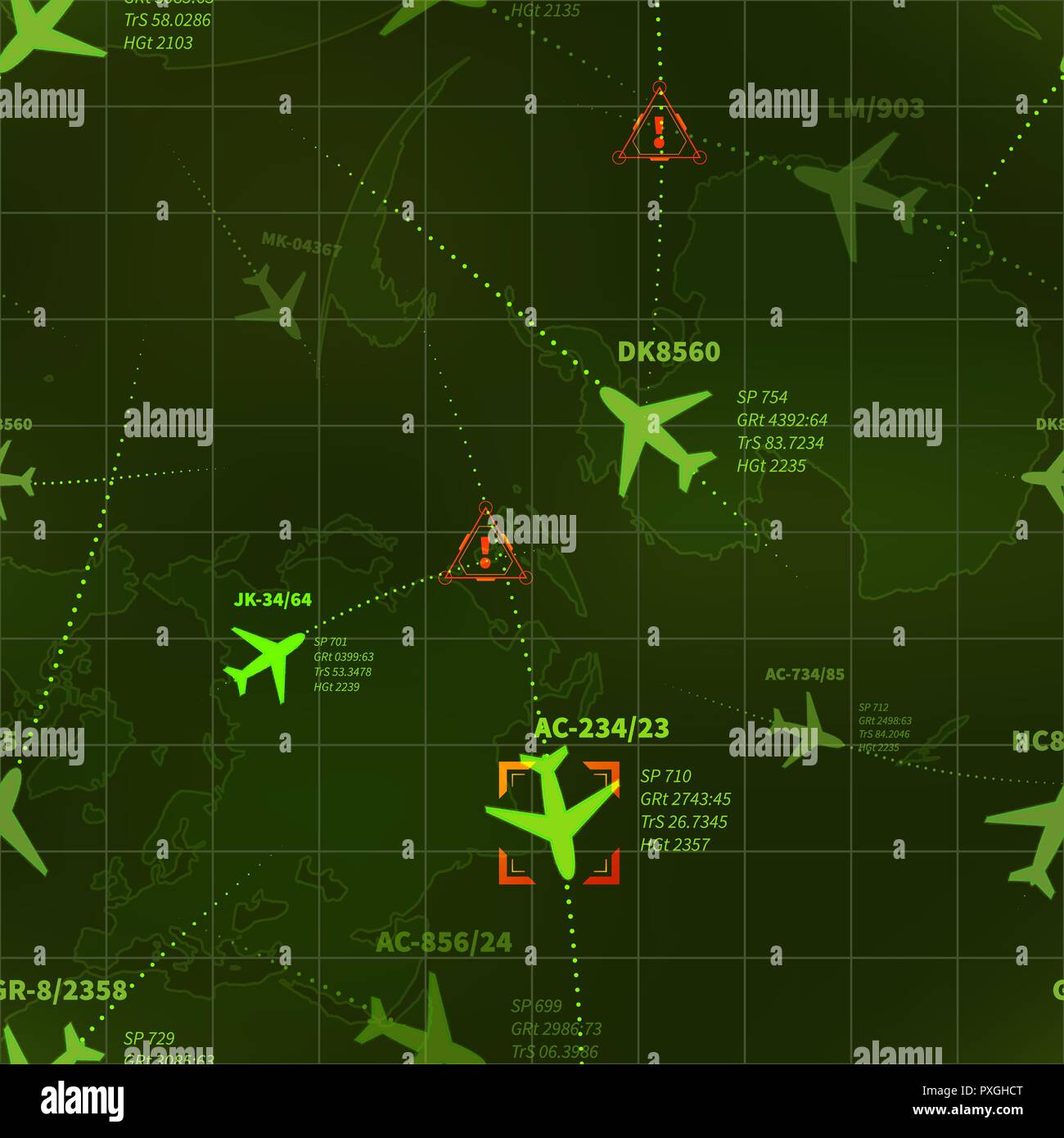 Vert détaillée des radars militaires avec des avions des traces et des ...