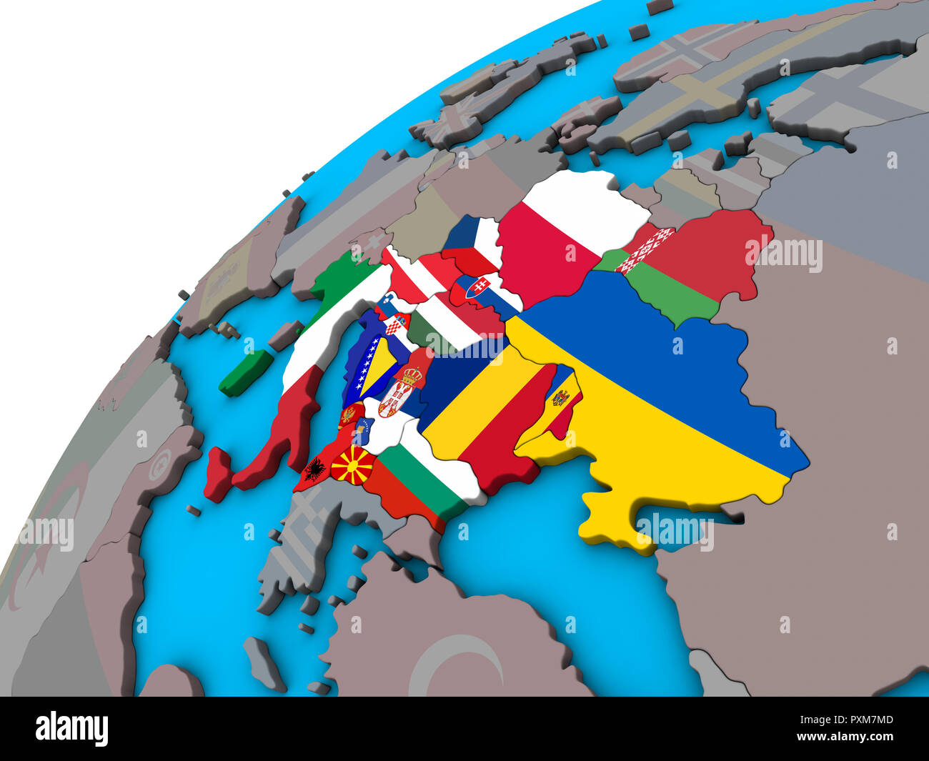 Pays de l'IEC avec drapeaux nationaux sur globe 3D. 3D illustration ...
