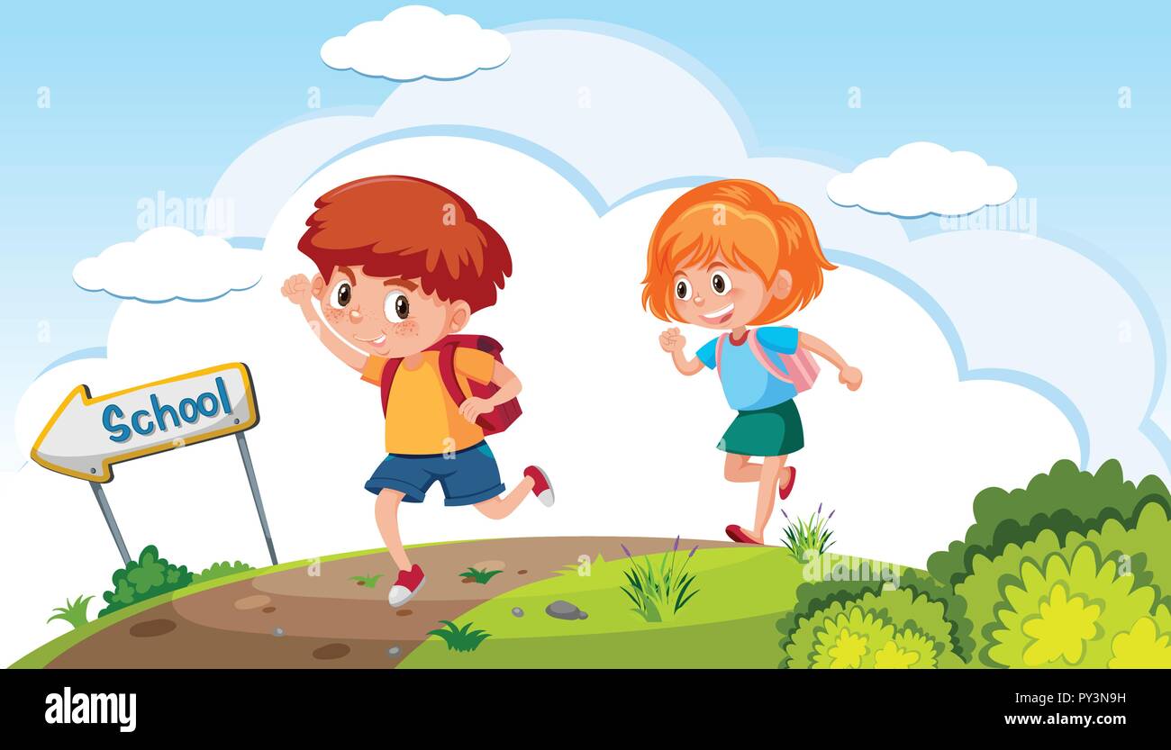 Garçon et fille qui va à l'école illustration Image Vectorielle Stock ...