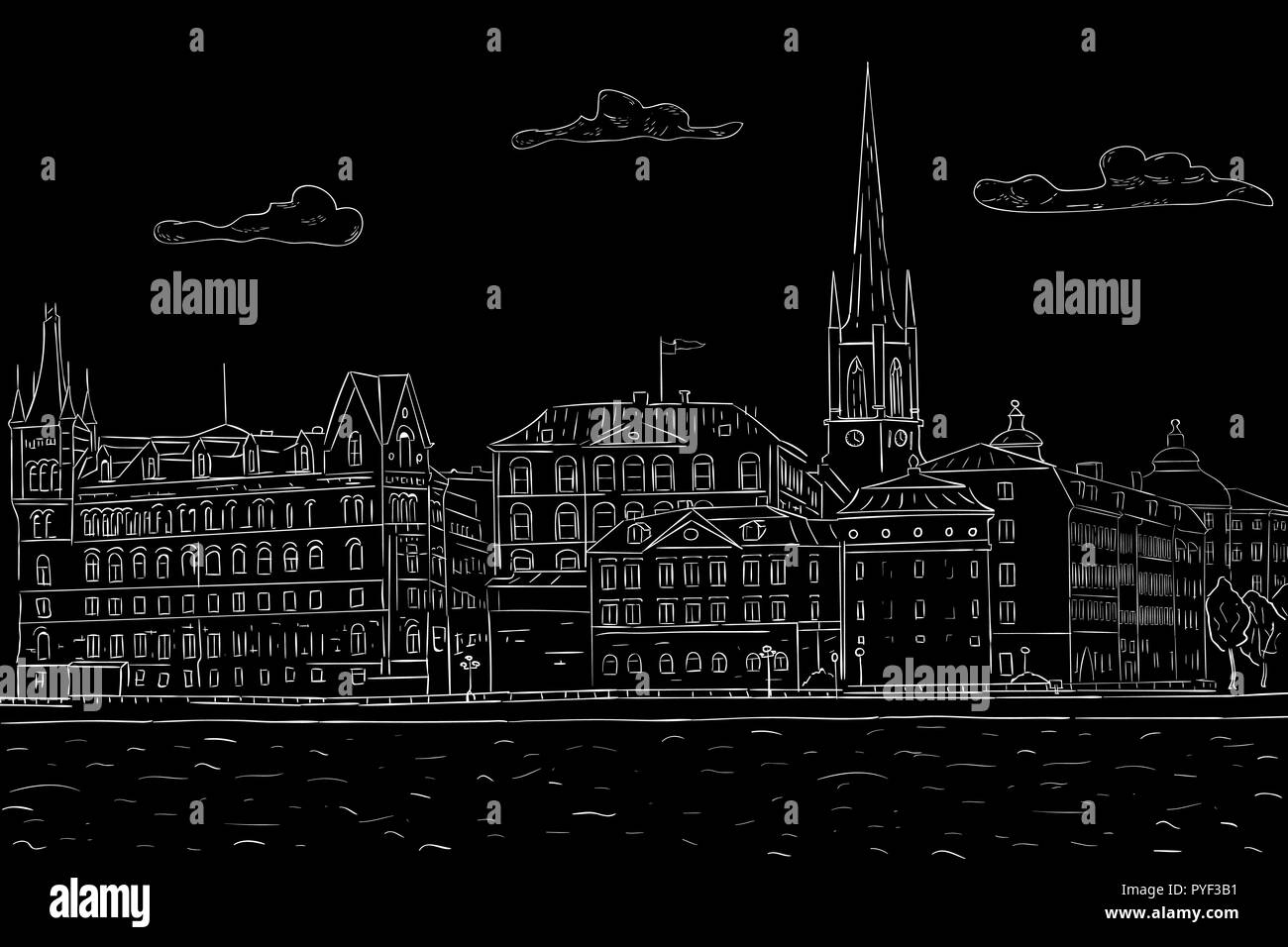 Vieille ville de Stockholm, vue sur le lac. Contour noir part croquis ...