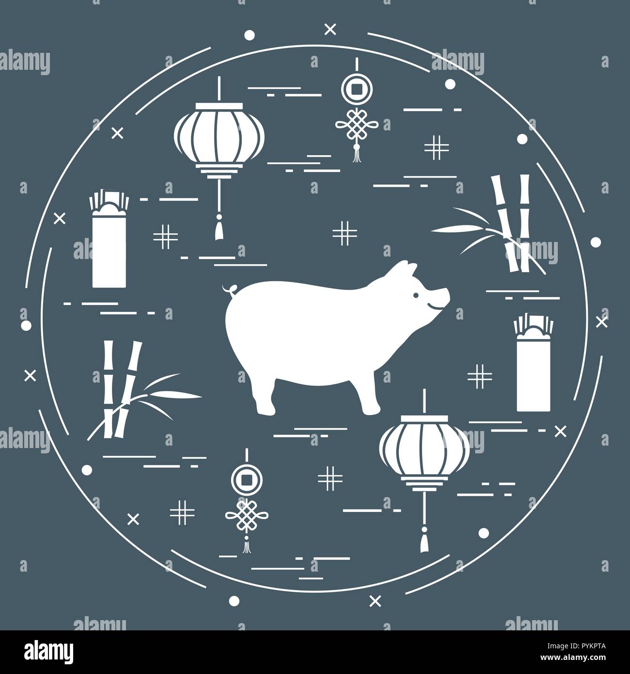 Bonne Année 2019 carte. Symboles du Nouvel An chinois. Pig, lanterne ...