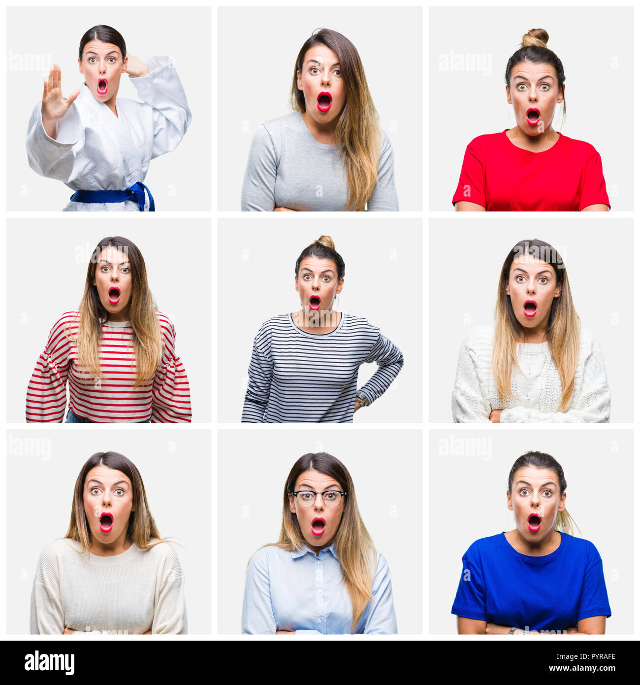 Collage de belle jeune femme sur fond isolé peur et choqué par l ...