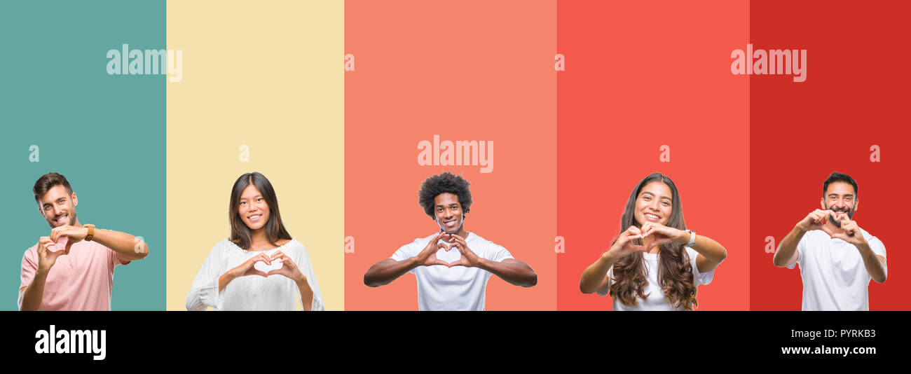 Collage de différentes ethnies jeunes plus de rayures colorées fond ...