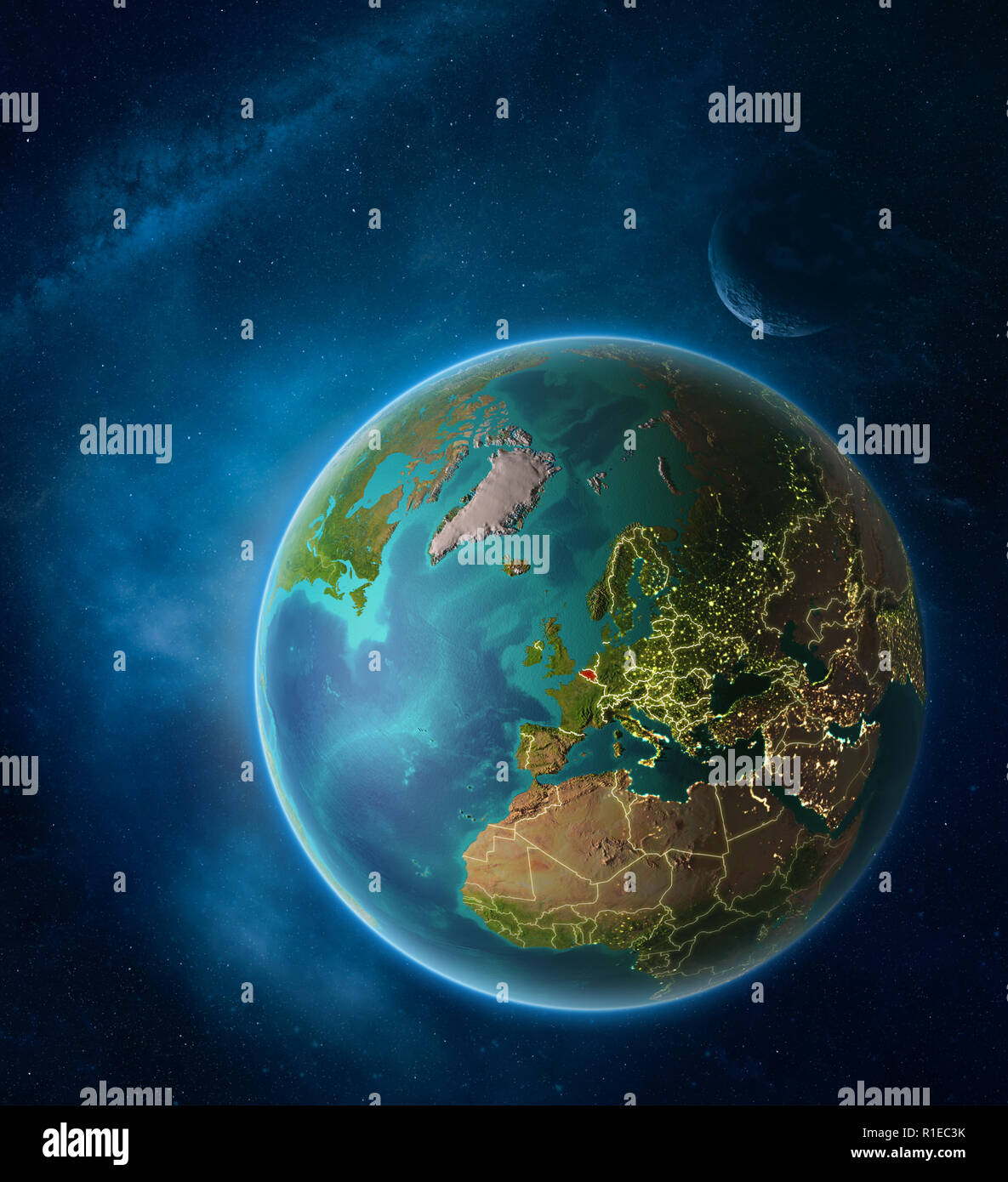 La planète Terre avec la Belgique dans l'espace avec lune et Voie ...