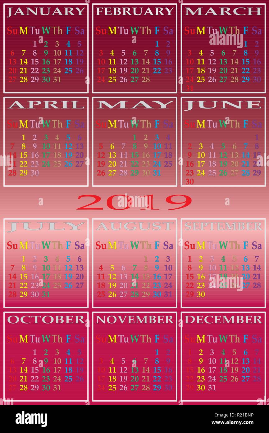 Calendrier 2019 séparés sur fond blanc avec des couleurs spécifiques ...