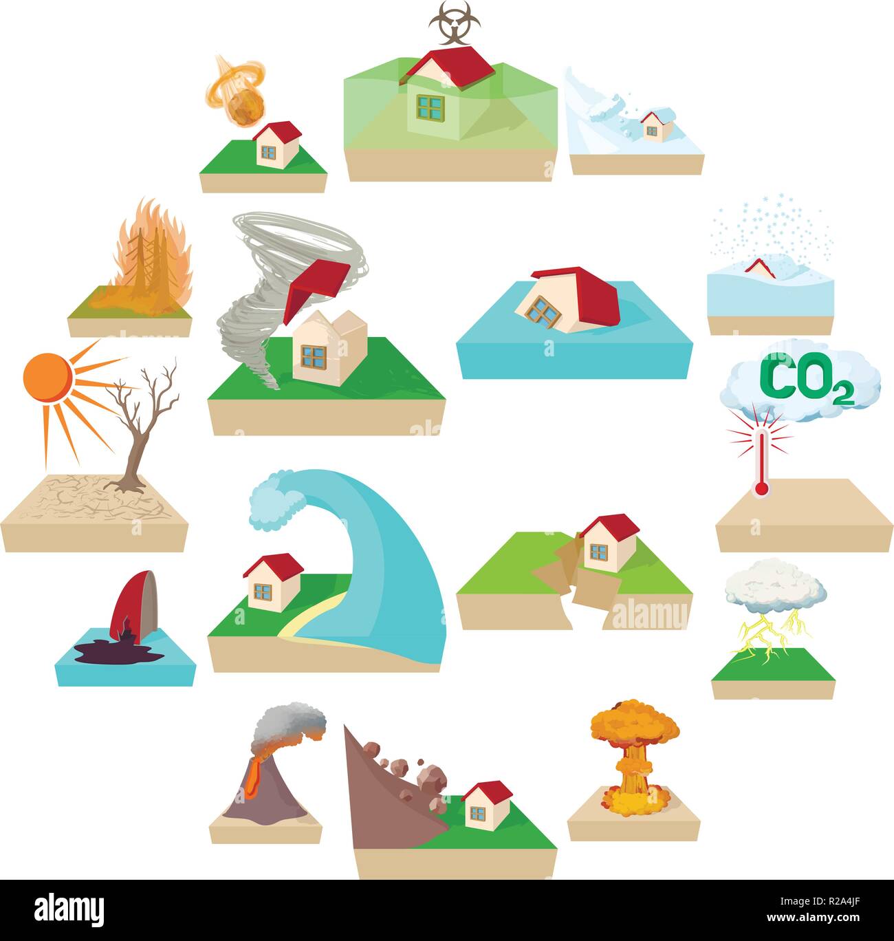 Catastrophe naturelle icons set dans un style cartoon isolated on white ...