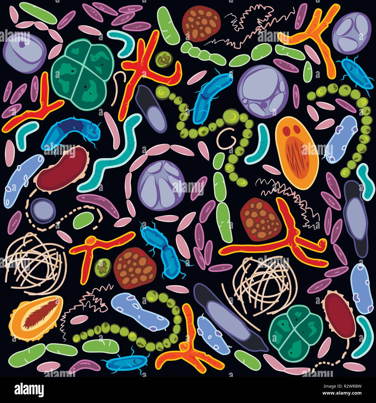 Ensemble de différents types de bactéries sur fond noir, vector ...