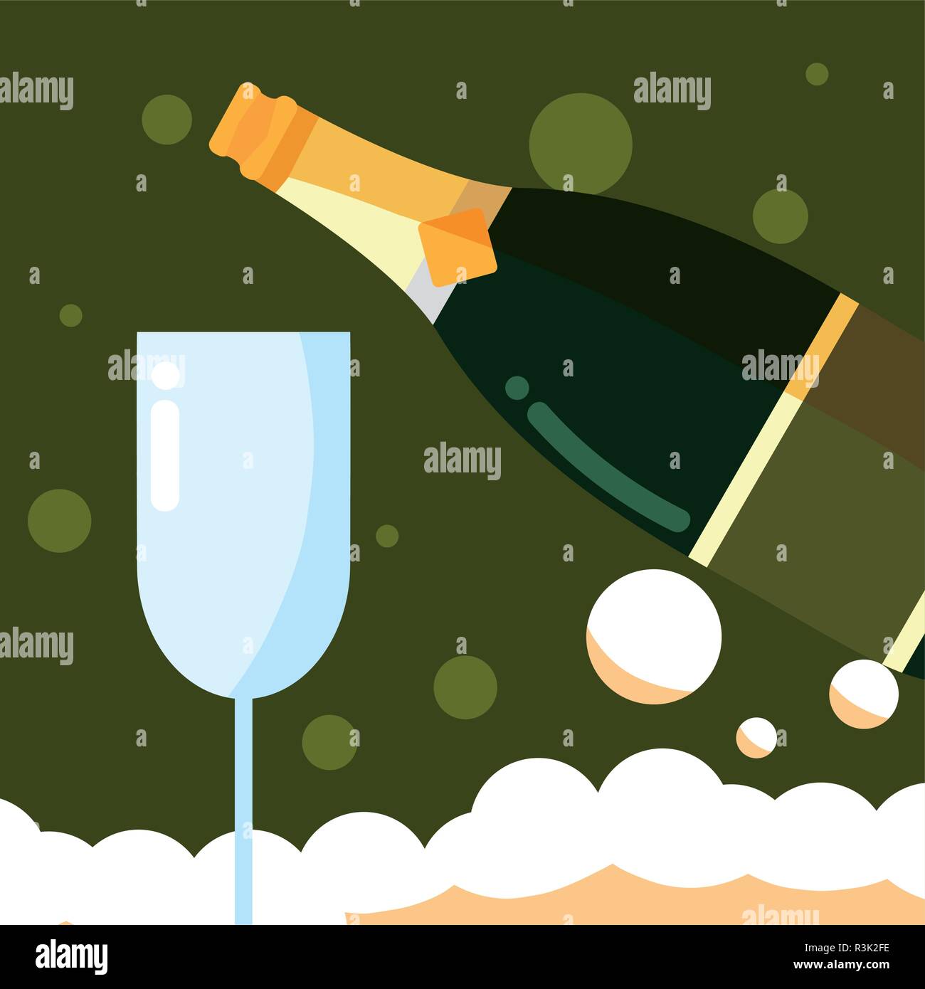 Bouteille de champagne et de verre sur fond vert, design coloré. vector ...