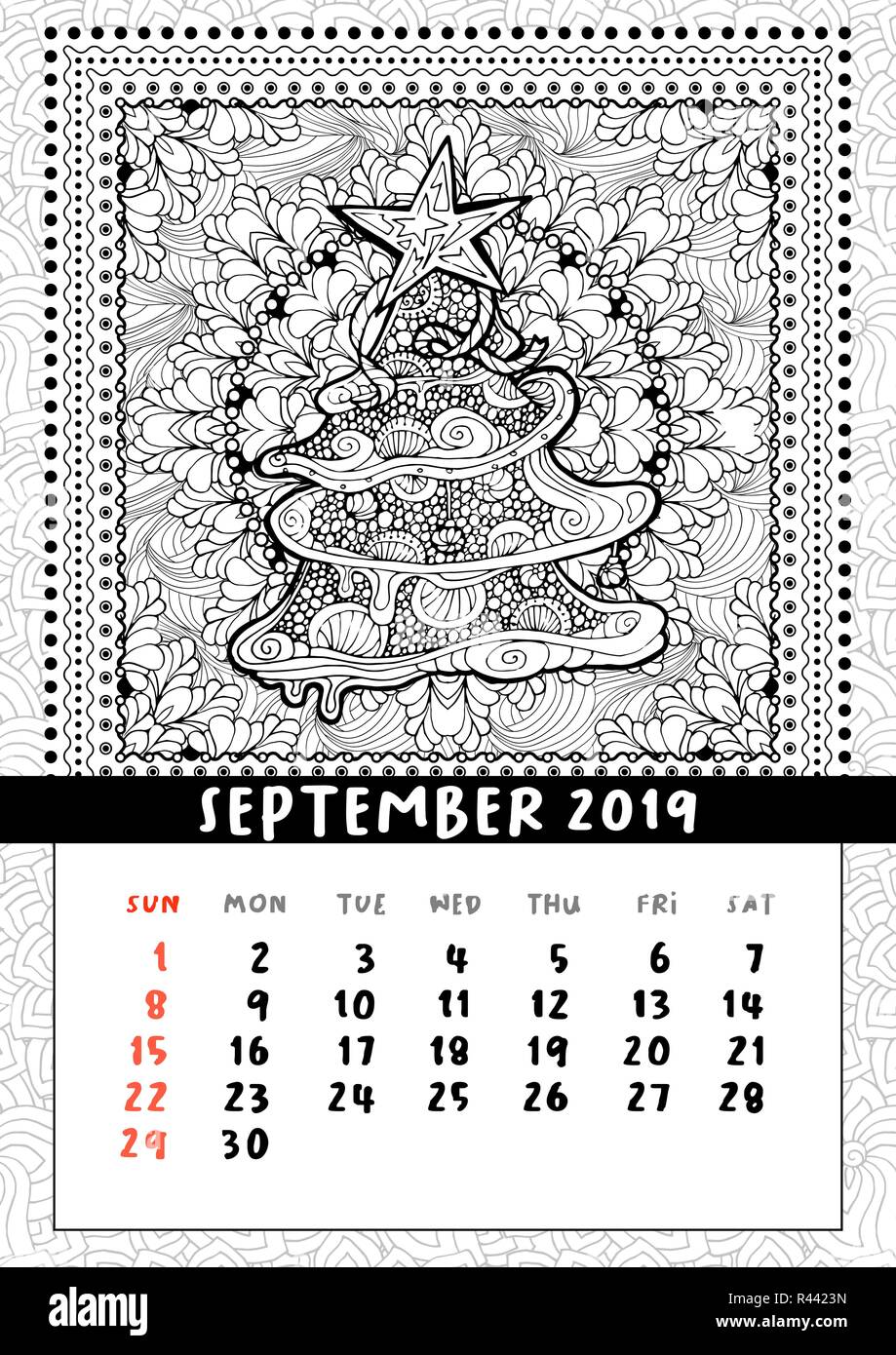 Arbre de Noël motif doodle, le calendrier 2019 septembre. Noël et ...
