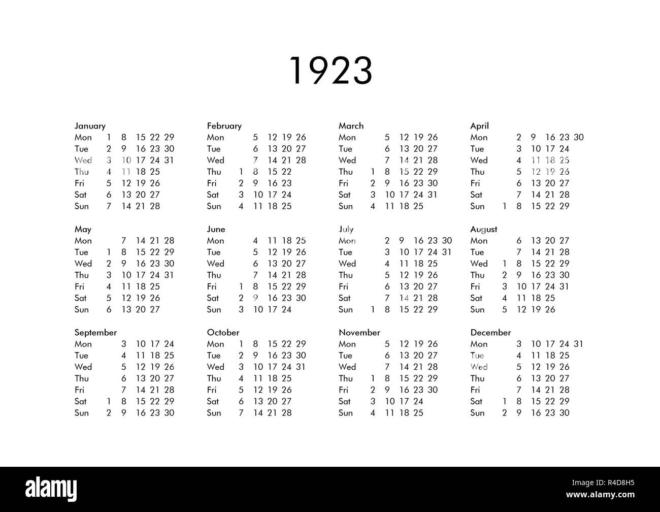 Calendrier de l'année 1923 Photo Stock - Alamy
