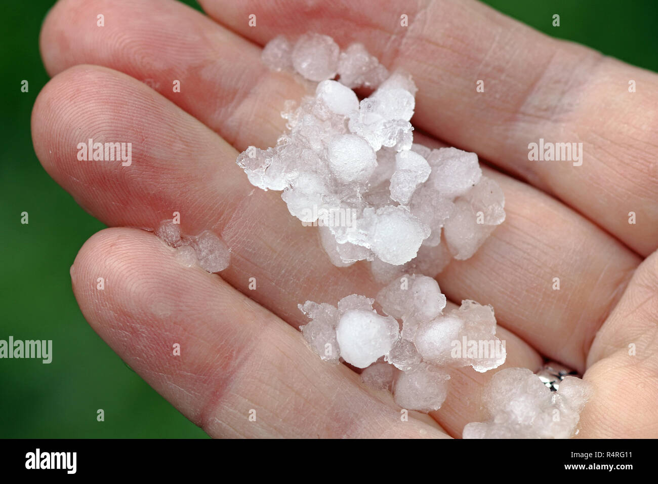 La grêle et le grésil sur la main d'une femme Photo Stock - Alamy