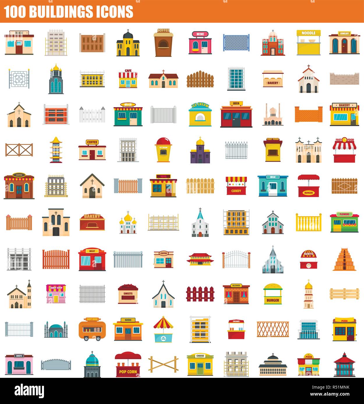 100 Bâtiments icon set. Ensemble de télévision 100 bâtiments vector ...