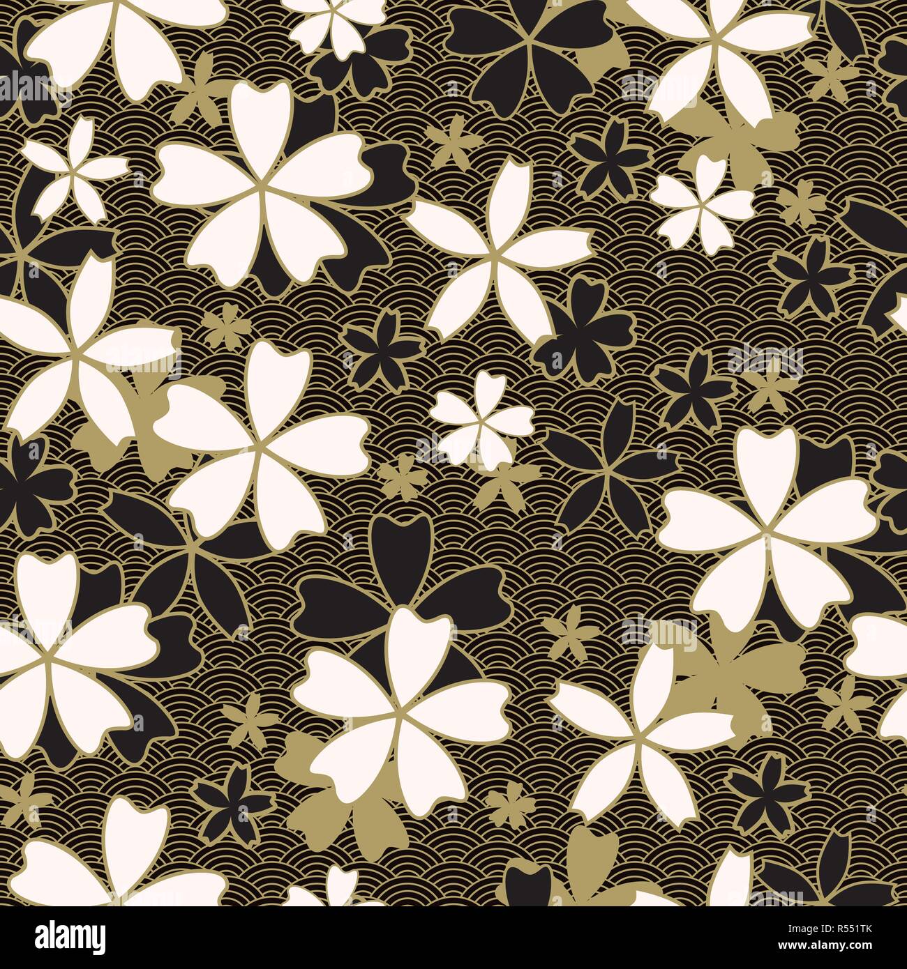 Sakura classique japonais Motif floral Seamless Vector en noir et beige ...