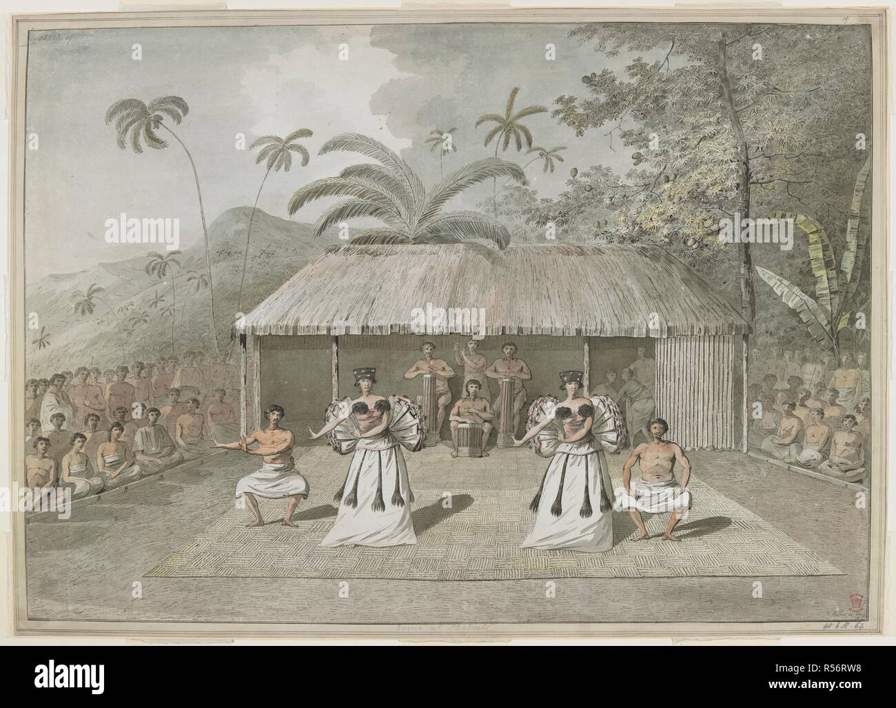 [Ensemble] dessin une danse ou heiva à Otaheite [Tahiti].Deux hommes et ...