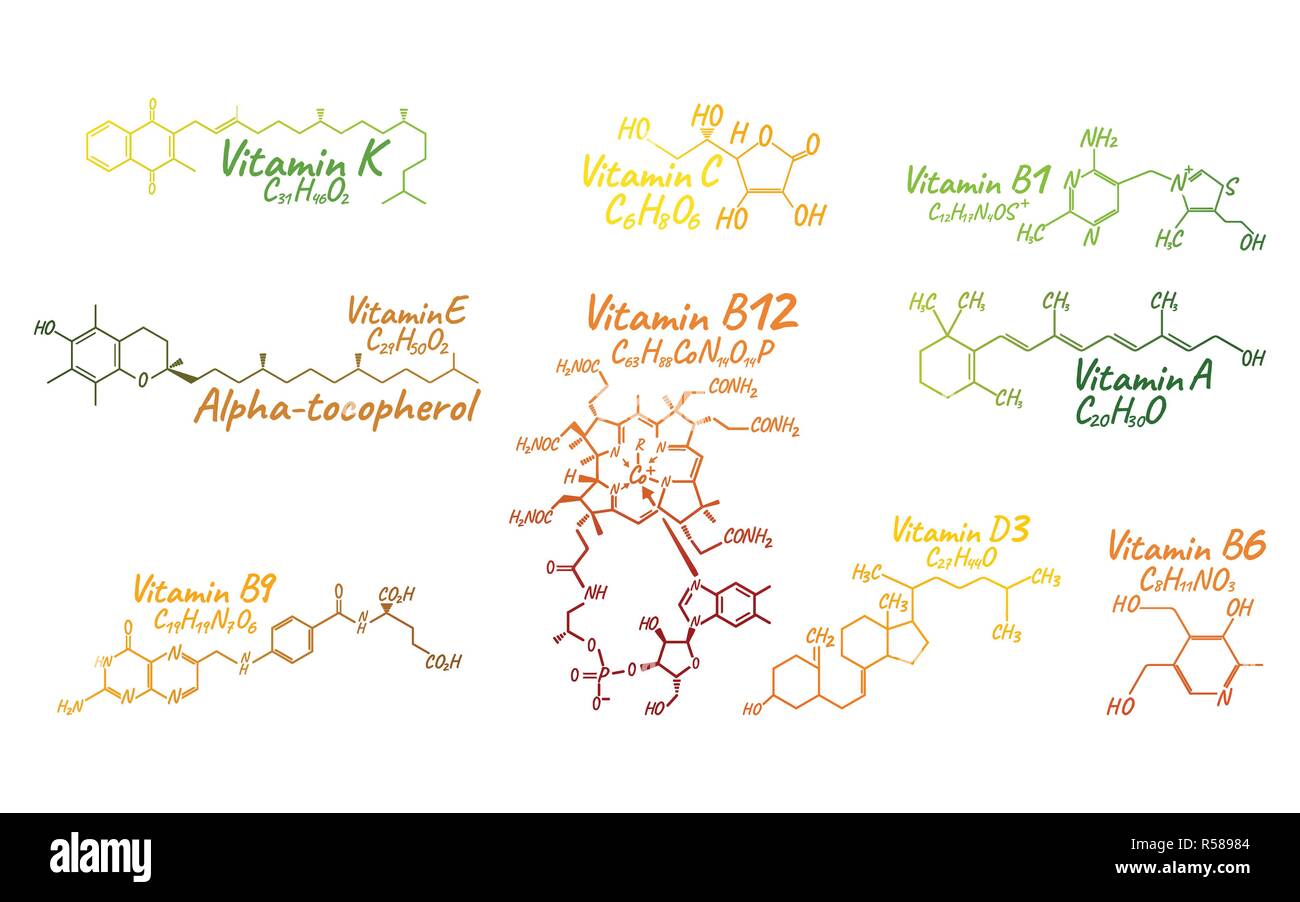 Complexe de vitamines B1, B6, B9, B12, K, A, E, C et de l'icône ...