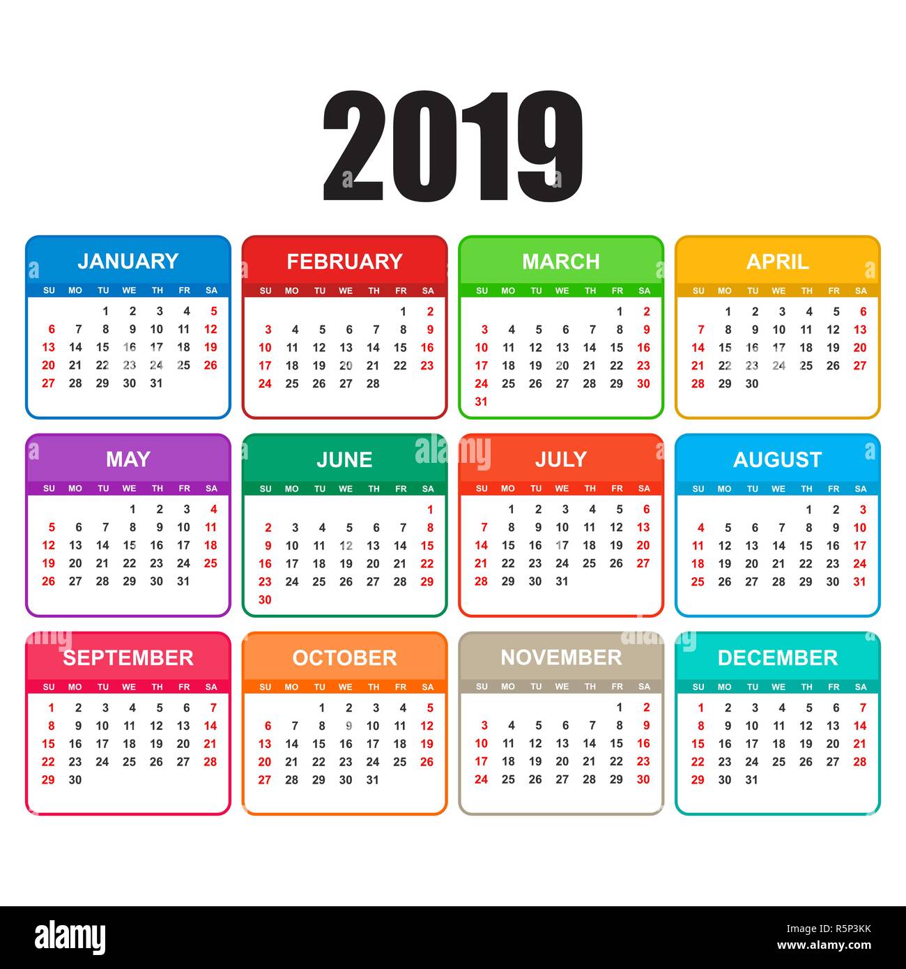 L'année 2019 du calendrier dans un style simple. Planificateur de ...