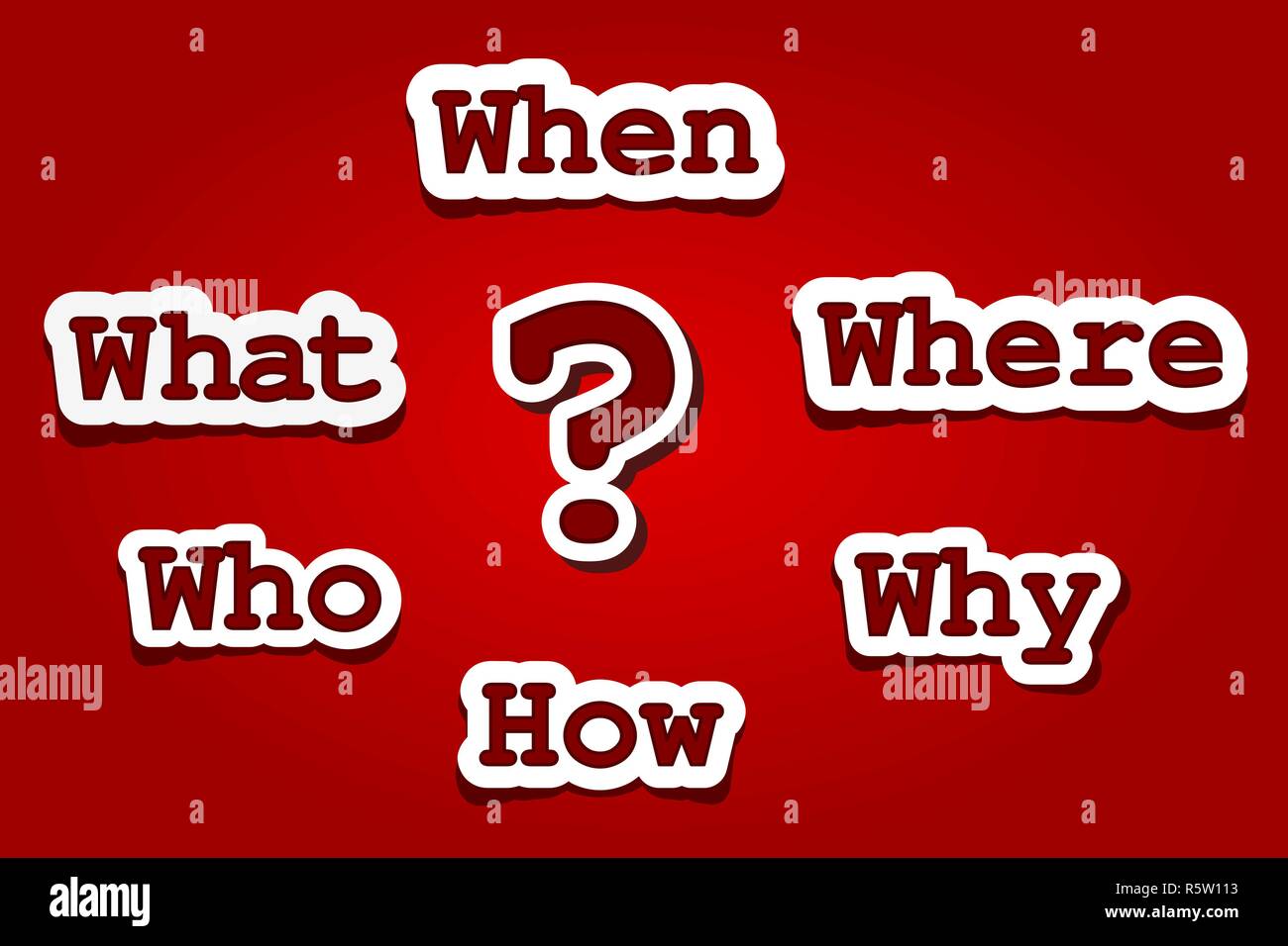 Vector illustration of question mark avec des questions : Qui, Quoi, Où ...