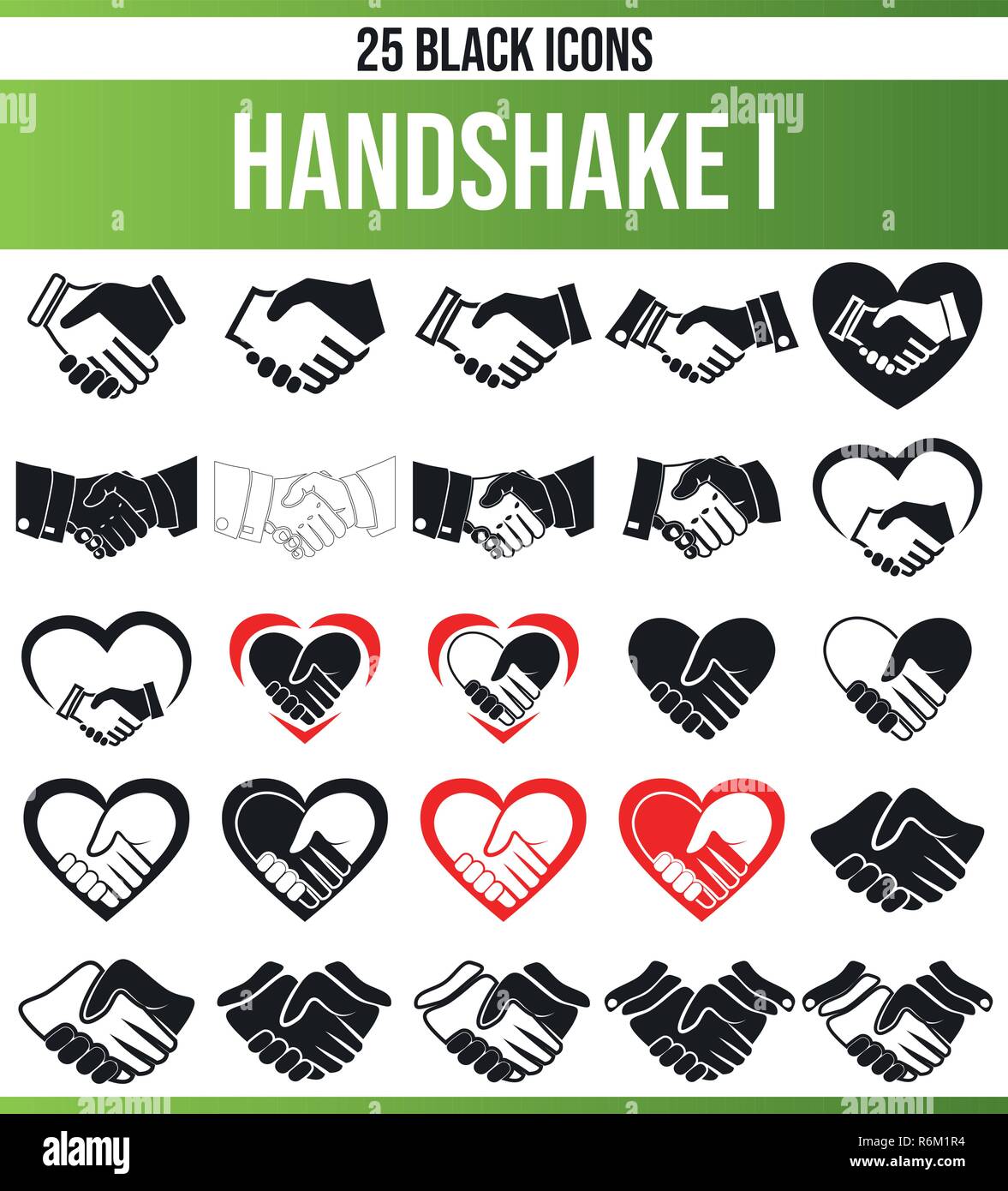 Pictogrammes noir / icônes sur une poignée de main. Toute la collection ...
