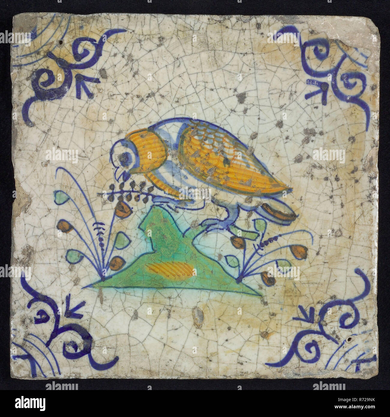 Tuile animal, oiseau avec berry twig, sur la branche à gauche en orange ...