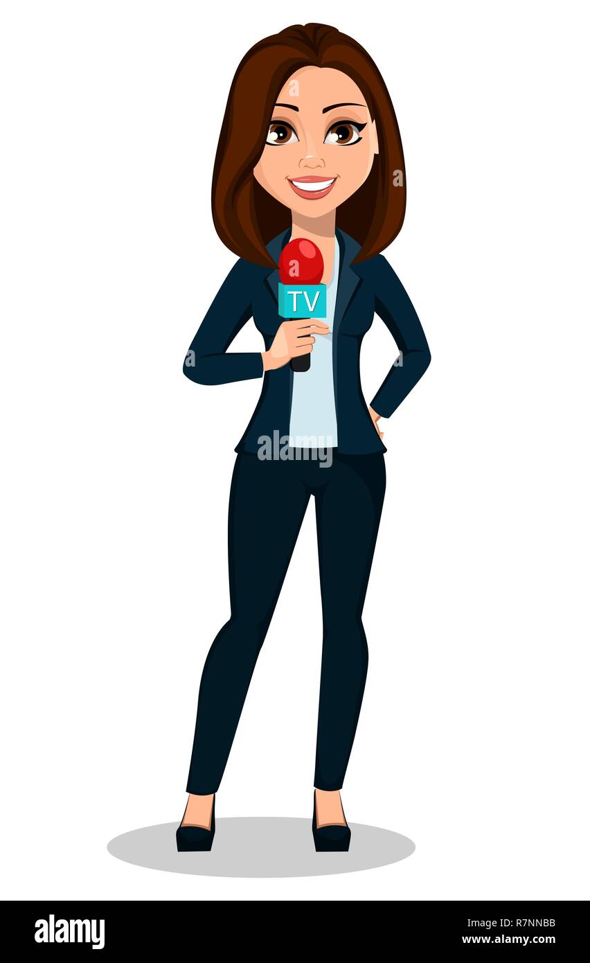 Femme journaliste. Belle Dame reporter holding microphone. Vector illustration sur fond blanc ...