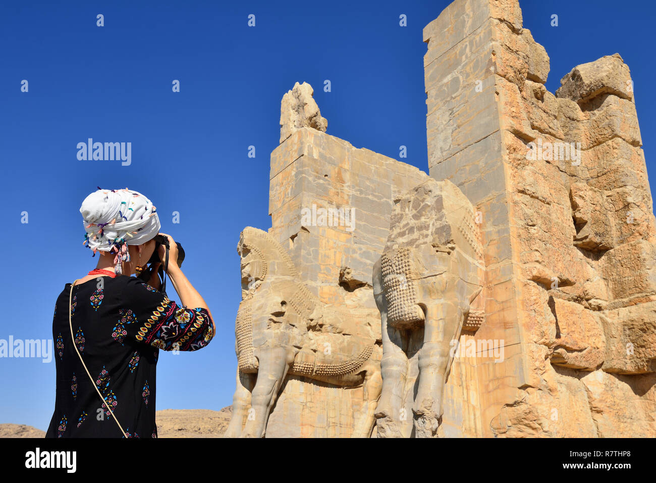 L'Iran, le beau-fils dans les ruines de l'ancienne Persépolis complexe ...