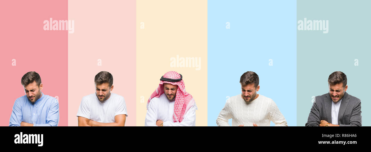 Collage de beau jeune homme plus de rayures colorées avec fond isolé ...