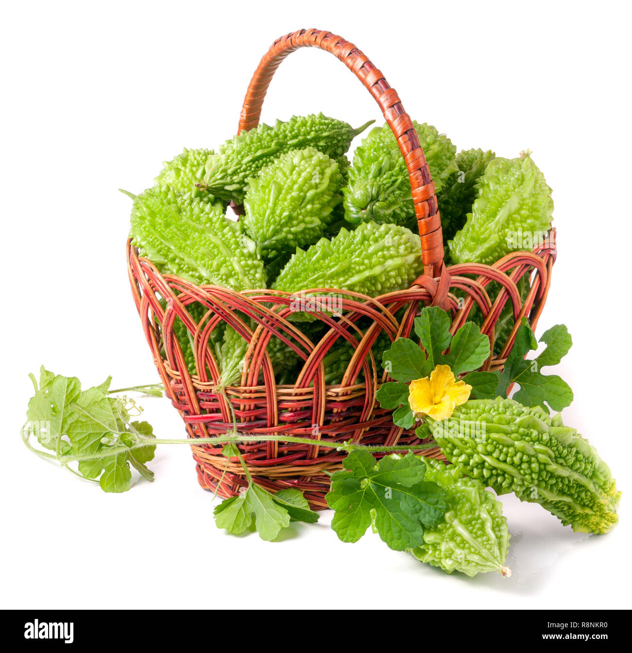 Le melon amer ou Momordica dans un panier en osier isolé sur fond blanc ...