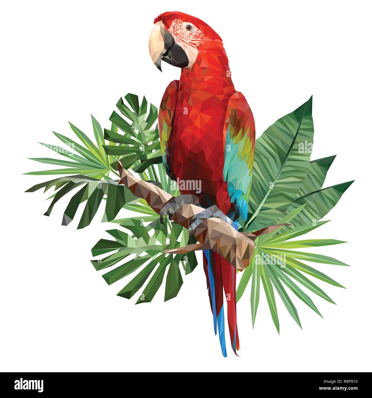 Illustration de dessin polygonal ara aile verte avec des feuilles d ...