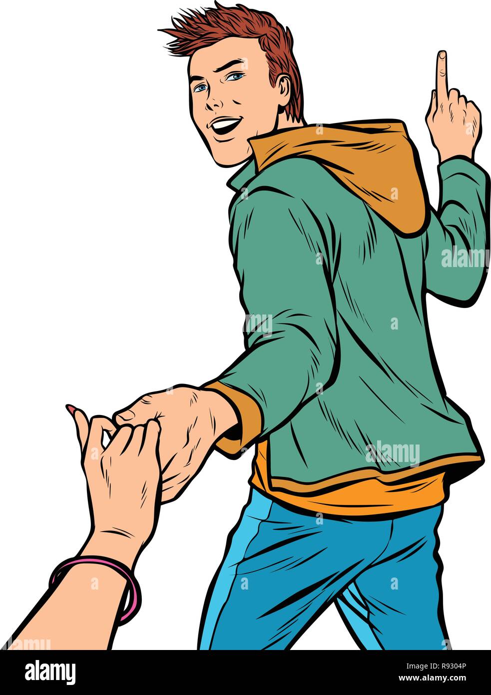 Suivez moi. Jeune homme dirige une fille. isoler sur fond blanc. Pop ...