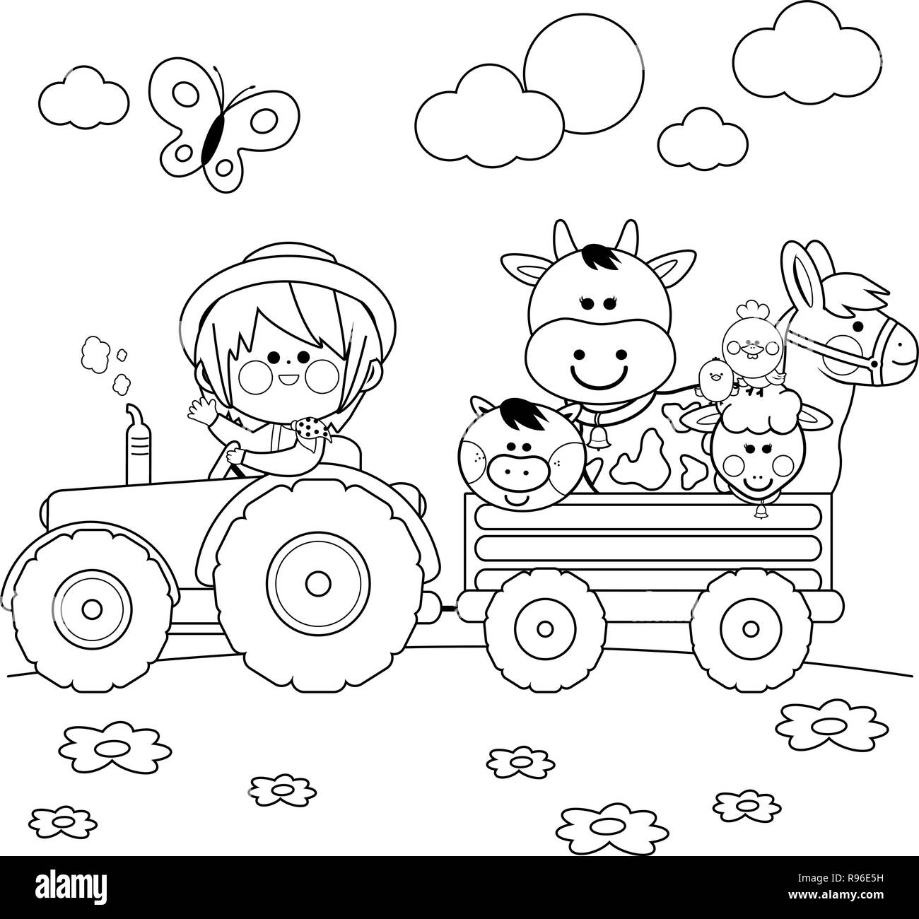 Garçon petit fermier à la ferme de conduire un tracteur, transportant ...