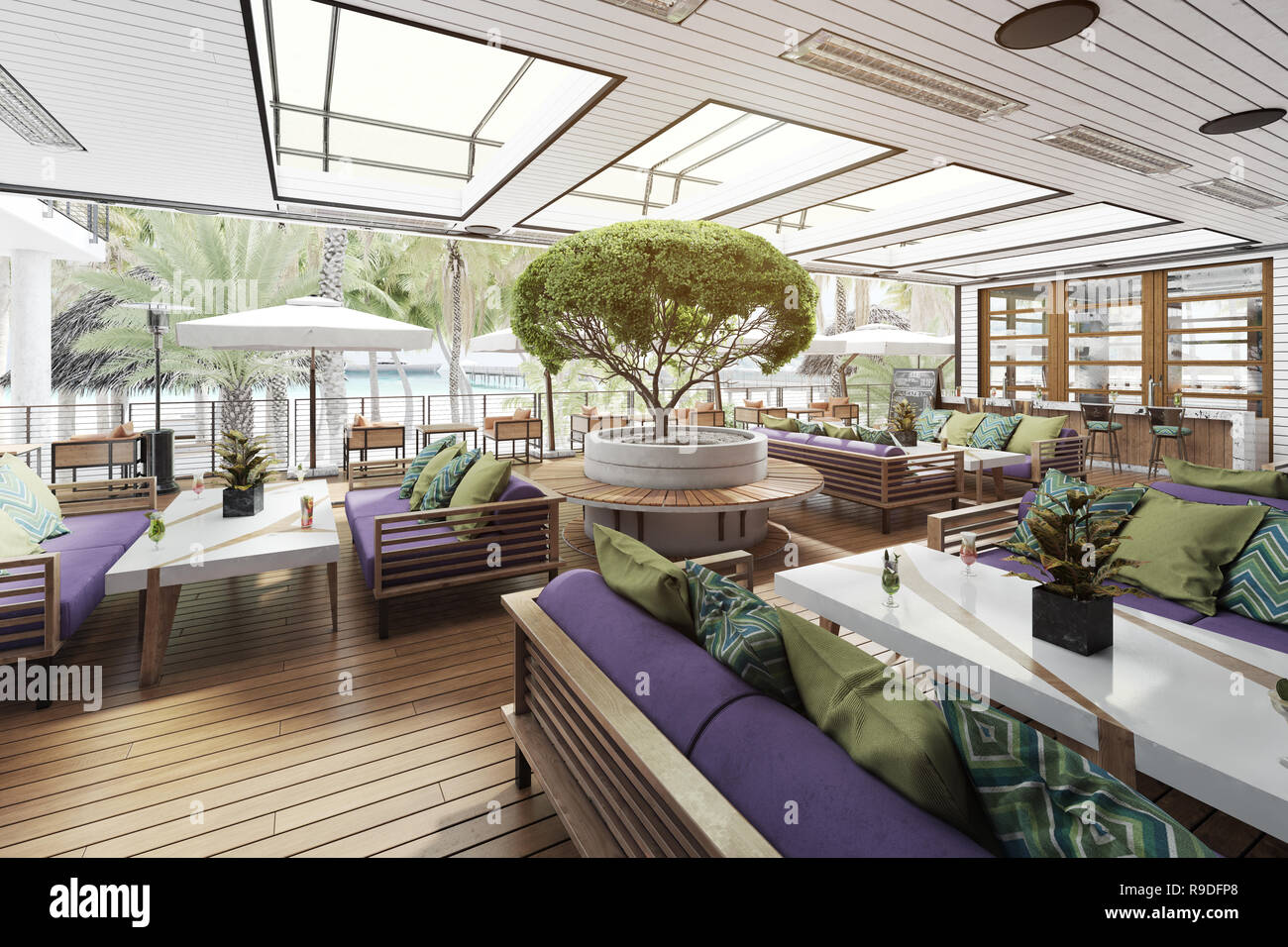 Le café terrasse moderne à la plage. Le rendu 3D concept design Photo ...