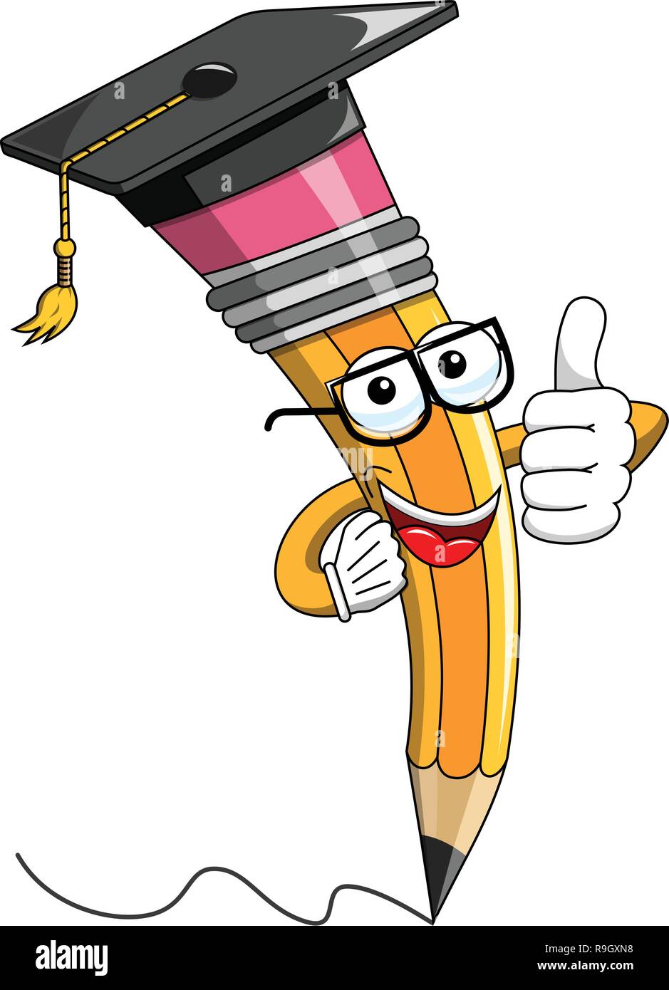 Cartoon Mascot crayon portant graduation hat avec thumb up isolated ...